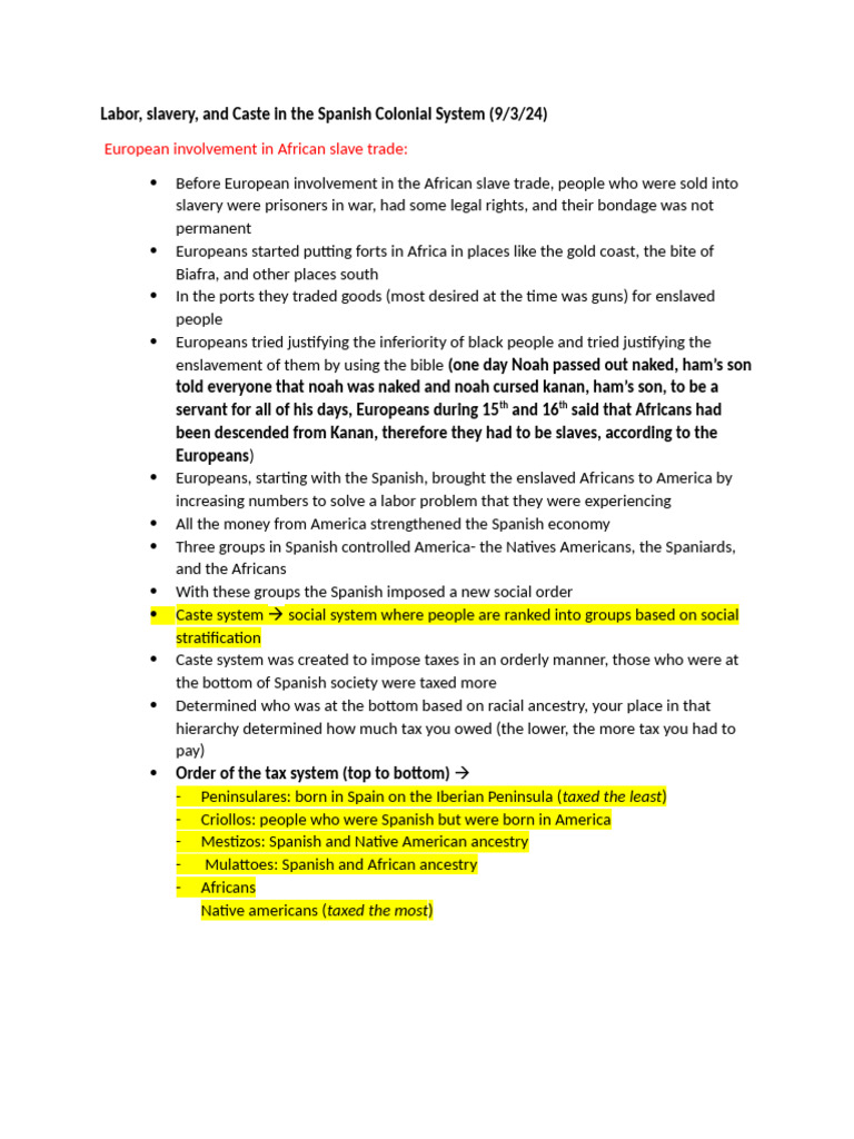 Labor Slavery and Caste in The Spanish Colonial System | PDF | Slavery ...