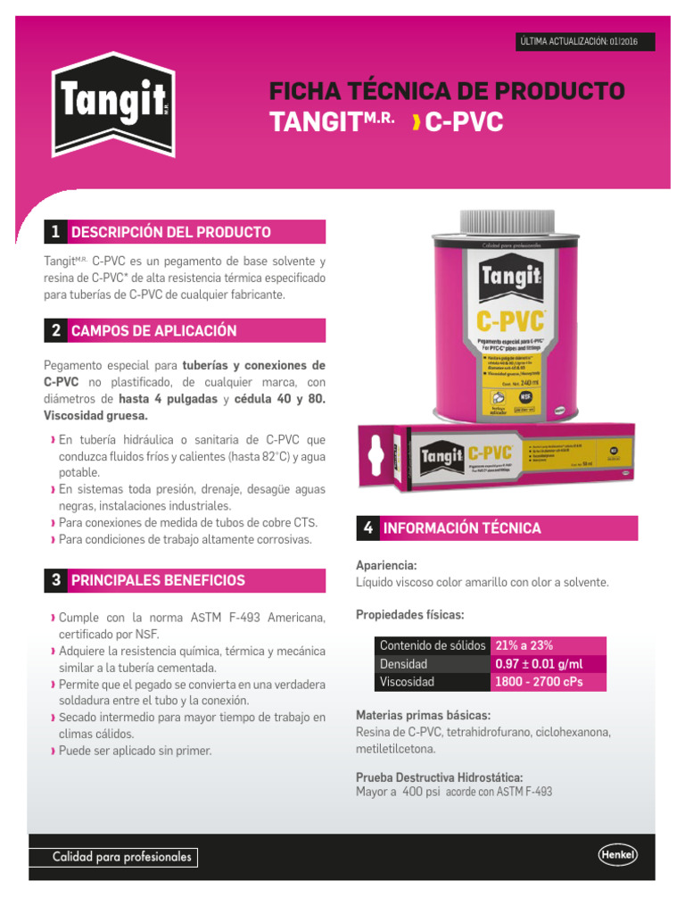 Tangit C-PVC: Ficha Técnica de Producto | PDF | Tubería (transporte de fluidos) | Viscosidad