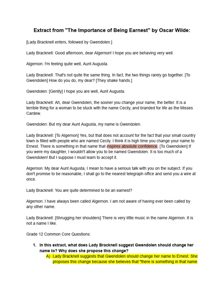 Fatema - Extract From "The Importance of Being Earnest" by Oscar Wilde ...