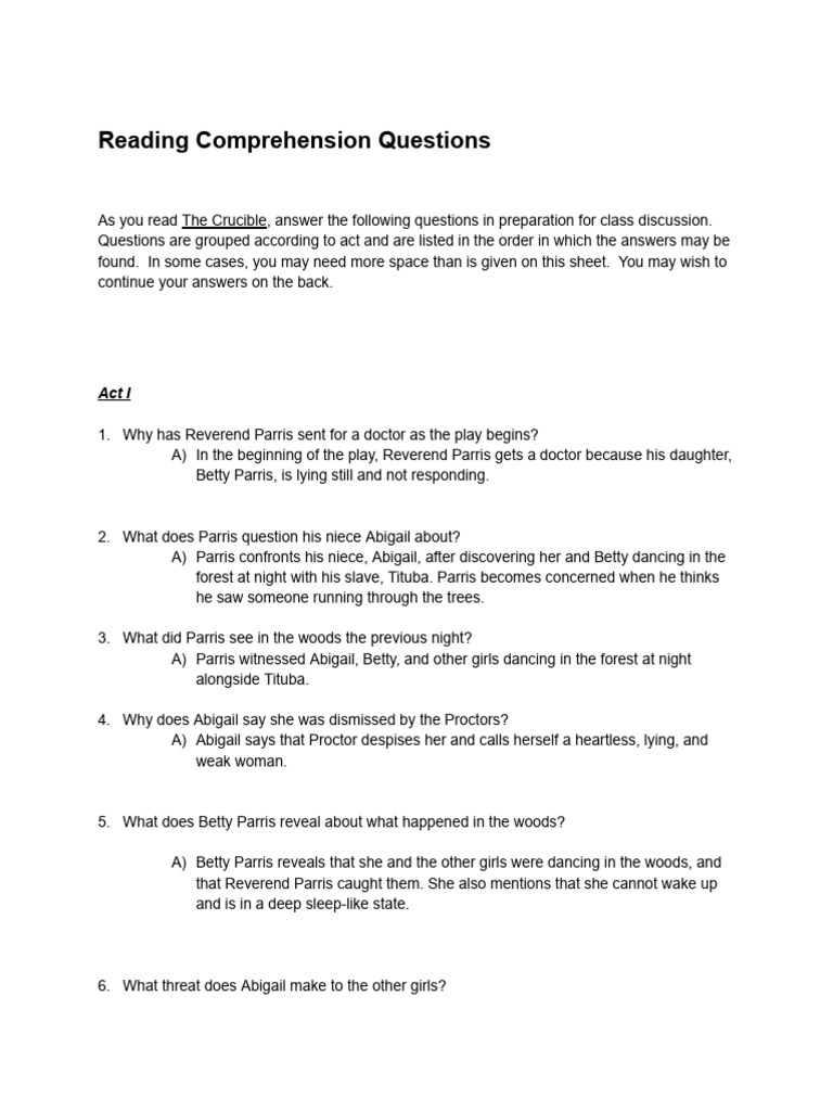Fatema - The Crucible Comprehension Questions | PDF