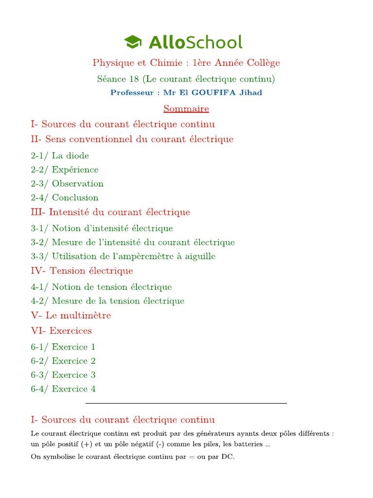 Seance 18 Le Courant Electrique Continu | PDF