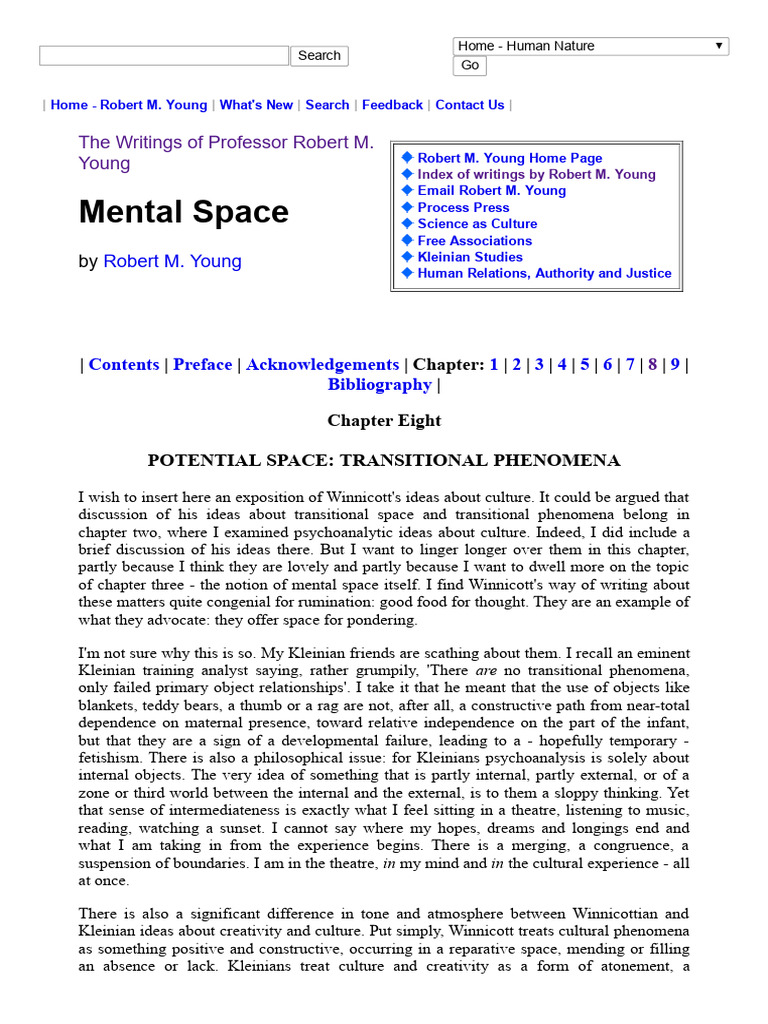 Young R. 1994. Mental Space. London Karnac Books Chapter 8 Potential ...