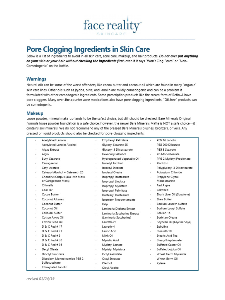 Pore-Clogging Ingredients List | PDF | Chemical Substances