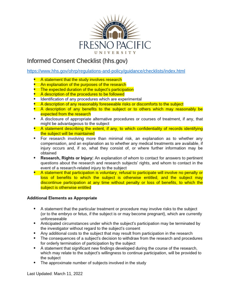 Informed Consent Checklist - Showing Highlights | PDF | Informed ...