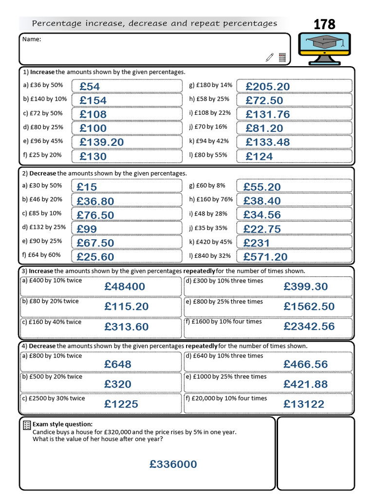 Answers - Percentage Increase, Decrease and Repeat Percentages | PDF ...