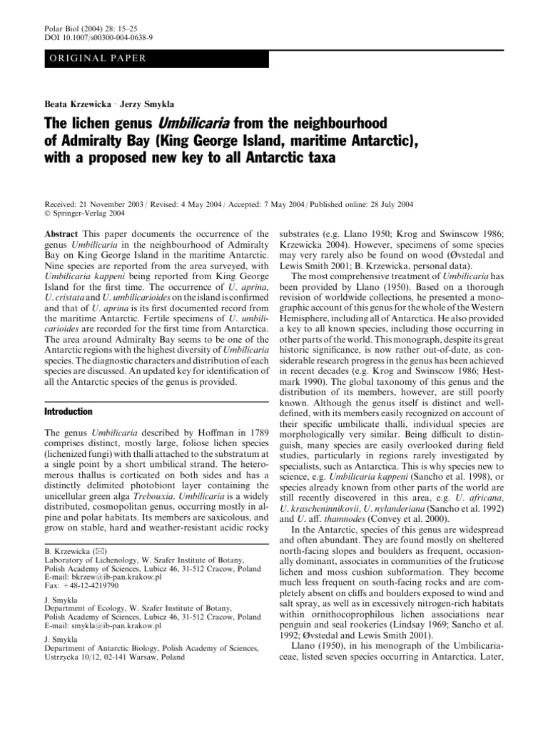 Antarctic Umbilicaria Lichens Study | PDF | Antarctica | Organisms
