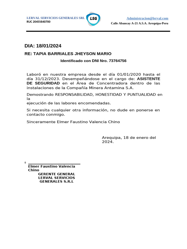 Certificado Laboral Jheyson Tapia 2024 | PDF