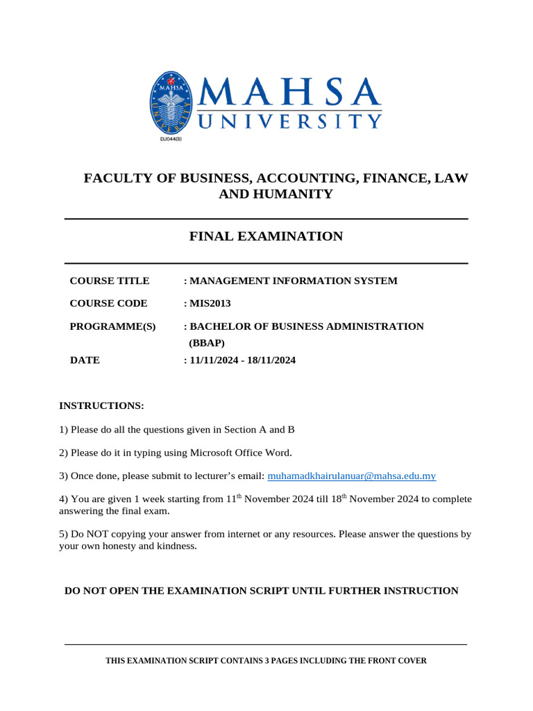 MIS2013 Final Exam Guidelines | PDF | Management Information System | Internet