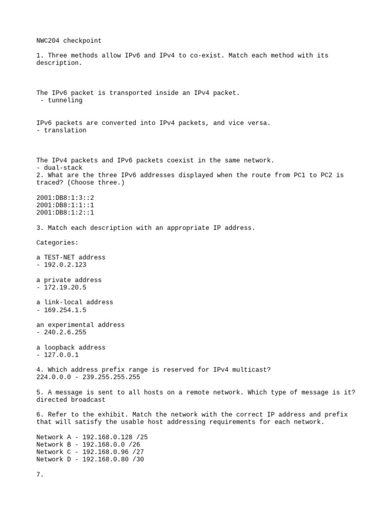 NWC204 checkpoint | PDF | I Pv6 | Network Protocols