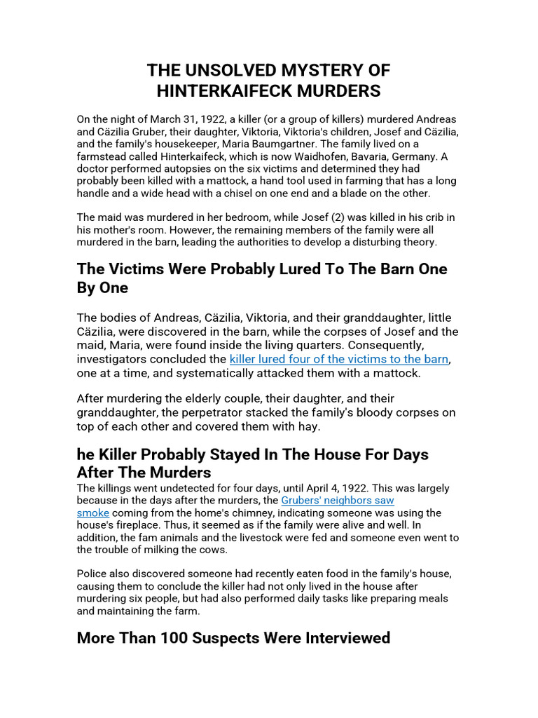The Unsolved Mystery of Hinterkaifeck Murders | PDF | Killings | Murder