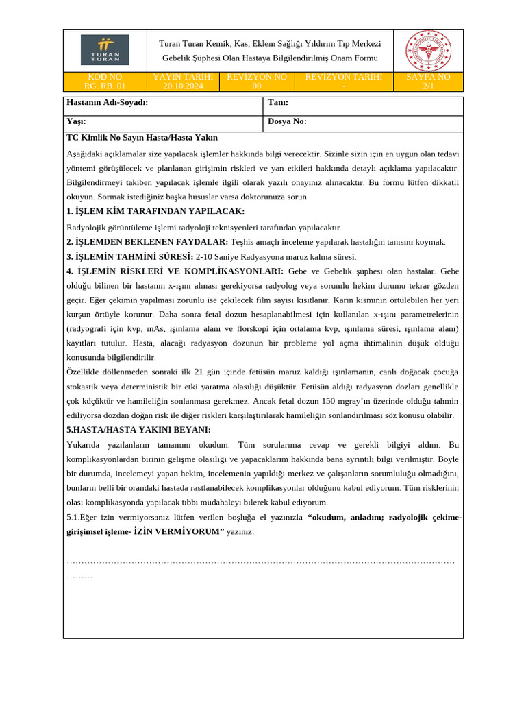 RG - RB.01 Gebelik Şüphesi Olan Hastaya Bilgilendirilmiş Onam Formu | PDF