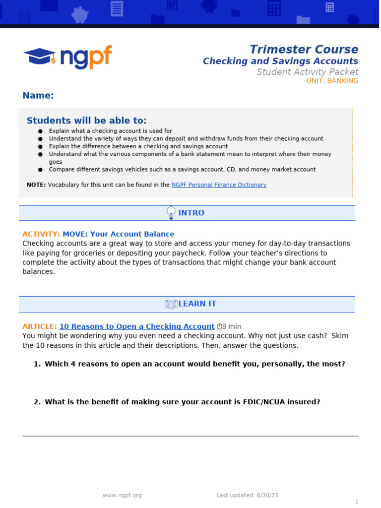 L1 Checking and Savings Accounts Student Activity Packet | PDF ...