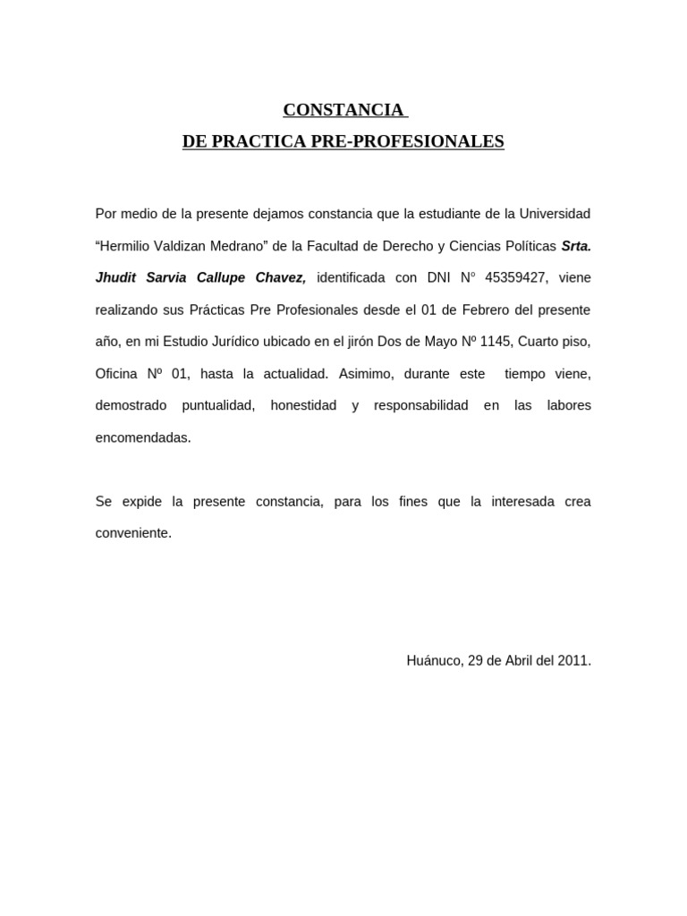 Constancia Practica Pre Profesionales | PDF | Derecho