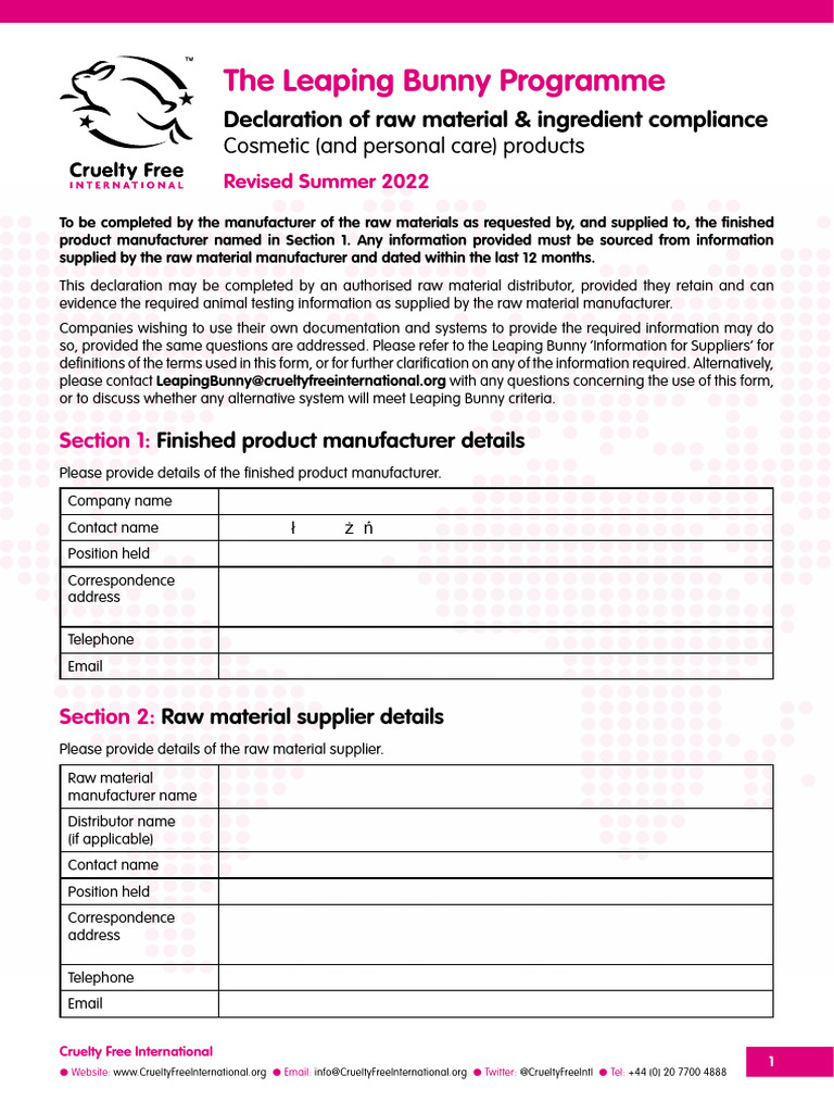 Template Raw Material Declaration 2022 | PDF | Animal Testing
