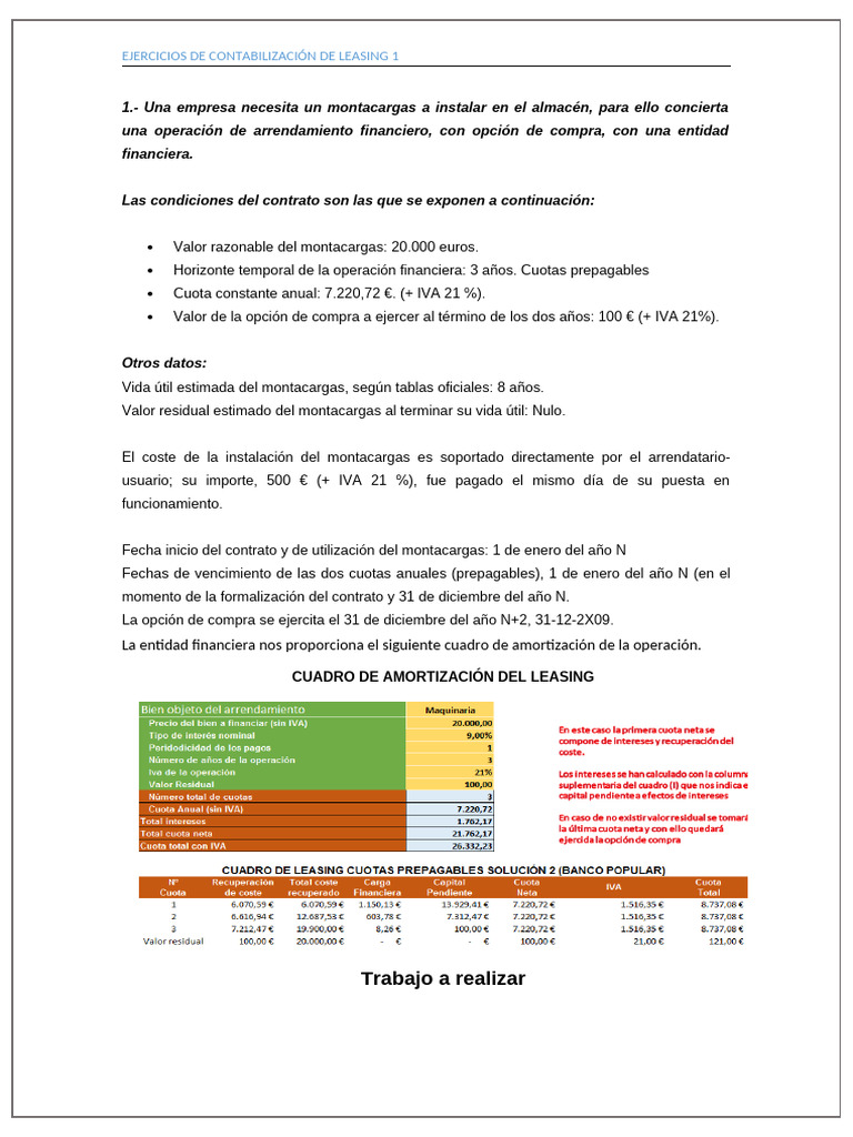 Ejercicio de Contabilizacion de Leasing 1 | PDF