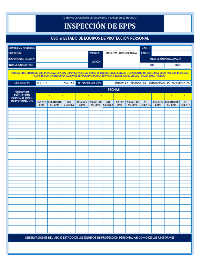 FORMATO DE INSPECCIÓN DE EPPs 2024 | PDF