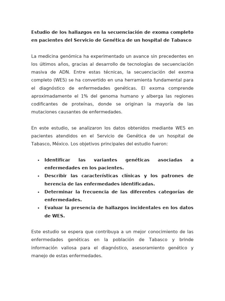 Estudio de Los Hallazgos en La Secuenciación de Exoma Completo en ...