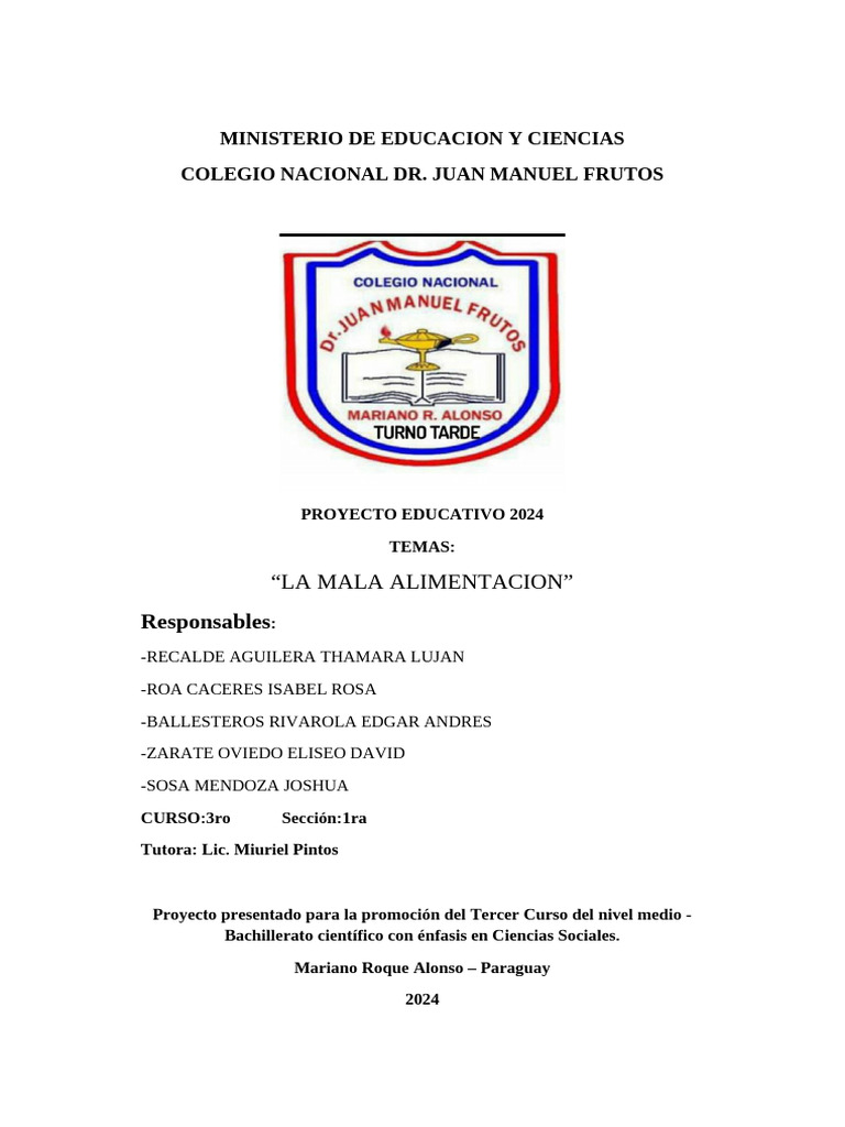 PROYECTO 3RO 1RA Mala Alimentación 2.1 | PDF | Alimentos | Dieta