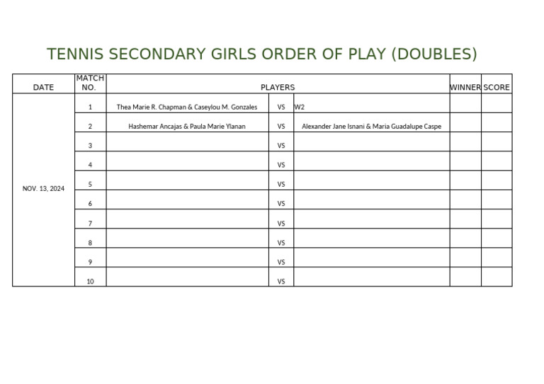 Tennis Order of Play Sample | PDF