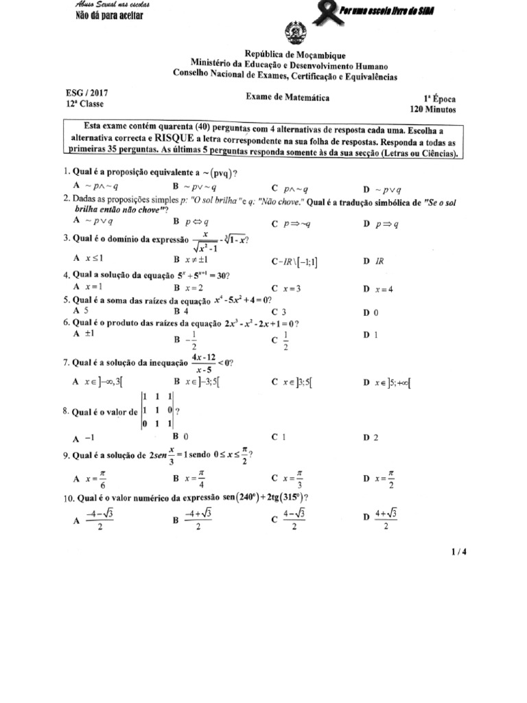 Matematica - 12a Classe - 2017-1a Epoca | PDF