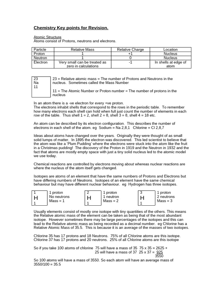 Chemistry Key Points For Revision | PDF | Isotope | Atoms