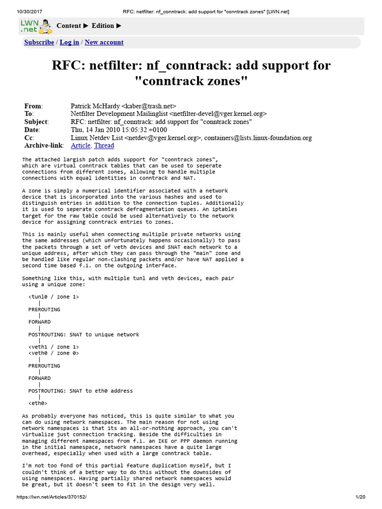 RFC - Netfilter - NF - Conntrack - Add Support For - Conntrack Zones - (LWN | PDF | Computer ...