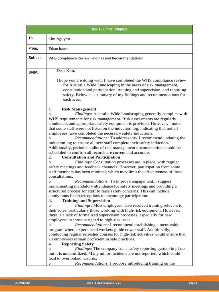 V1.0 BSBWHS412 Task 1 - Email Template | PDF | Safety | Risk Management
