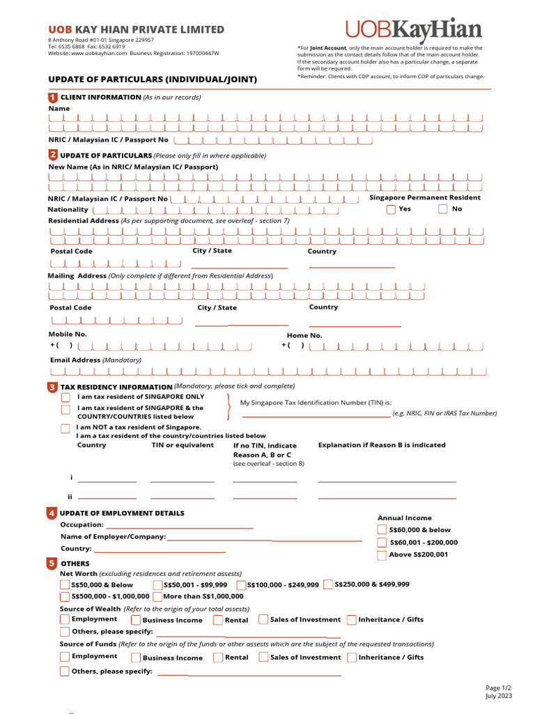 Uobkh Individual Update of Particulars July 2023 | PDF | Passport