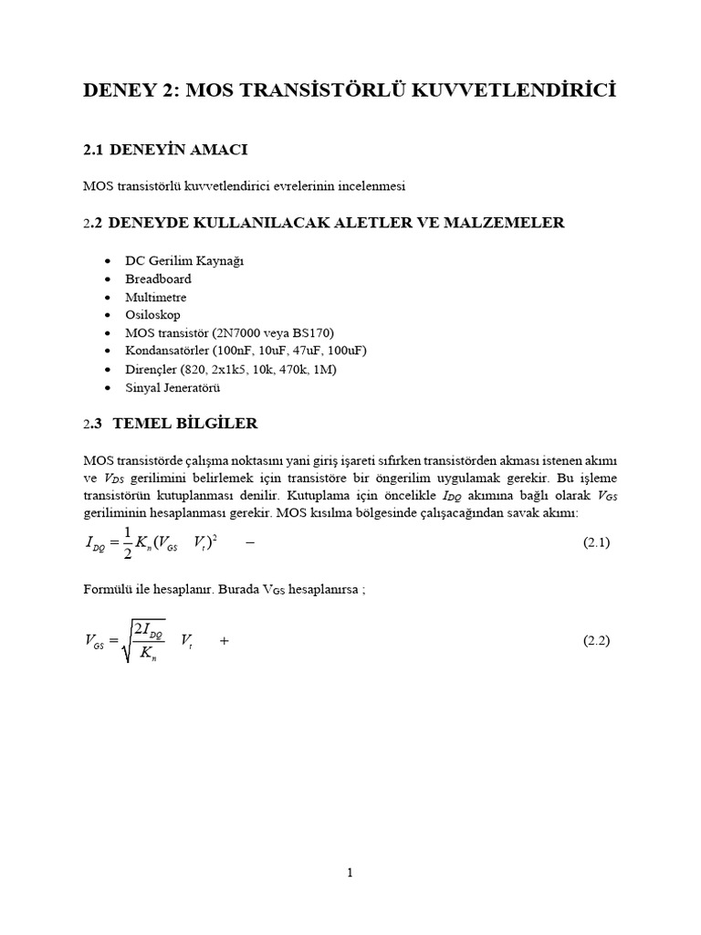 Deney 2 Mos Transi̇störlü Kuvvetlendi̇ri̇ci̇ | PDF