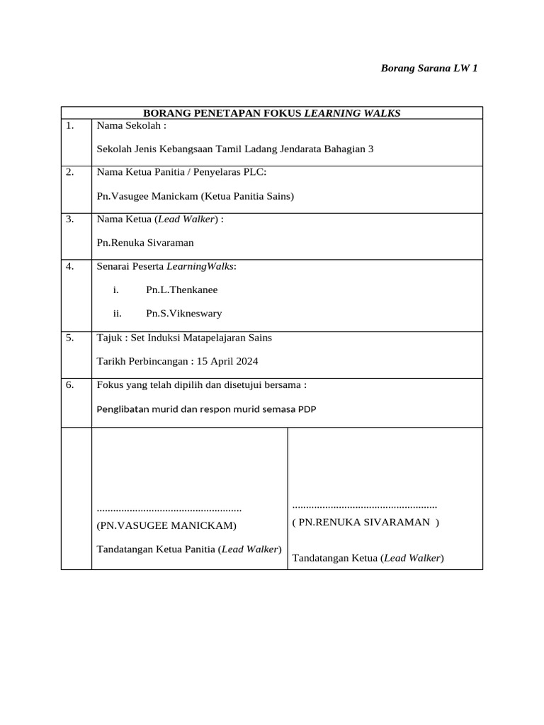 Borang Learning Walks LW1 LW2 DAN LW3 SAINS | PDF