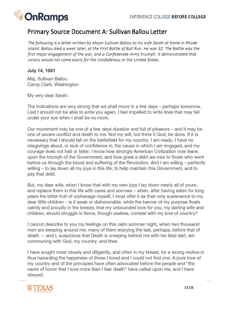 315K 6.6 During Class Reading - Sullivan Ballou Letter | PDF | Law | Poetry