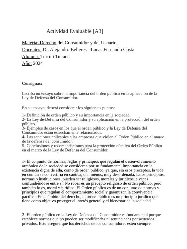 Act Eval A3 Derecho Del Consumidor y Usuario | PDF | Protección al Consumidor | Los consumidores
