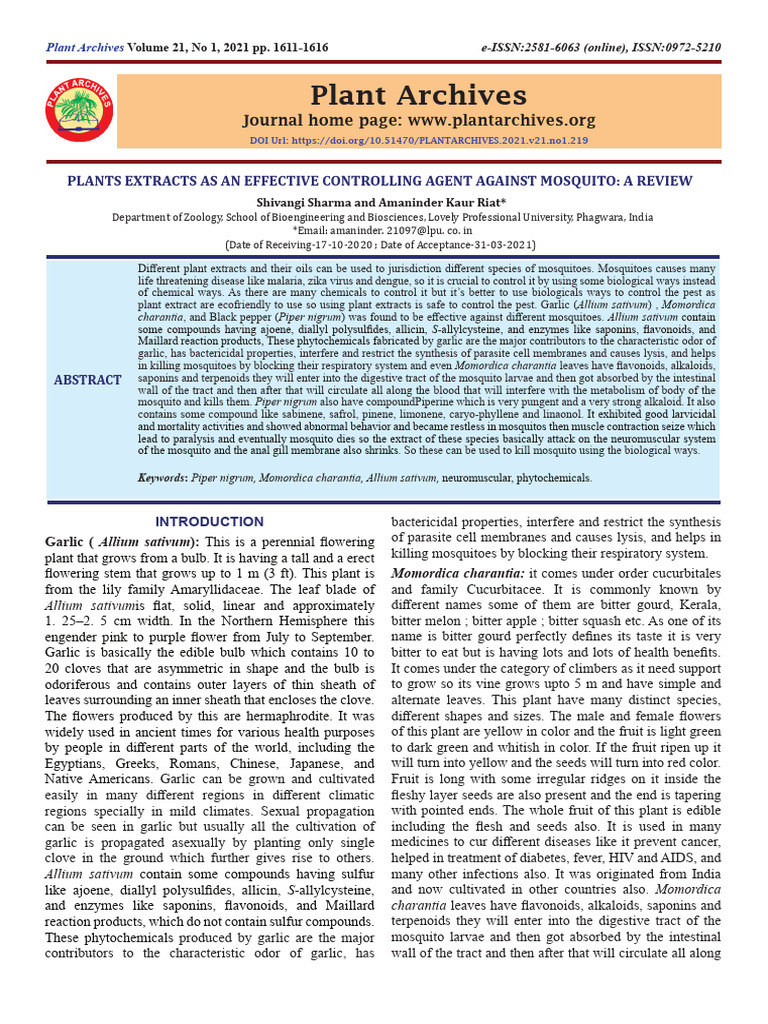 Plants Extracts As An Effective Controlling Agent Against Mosquito A ...