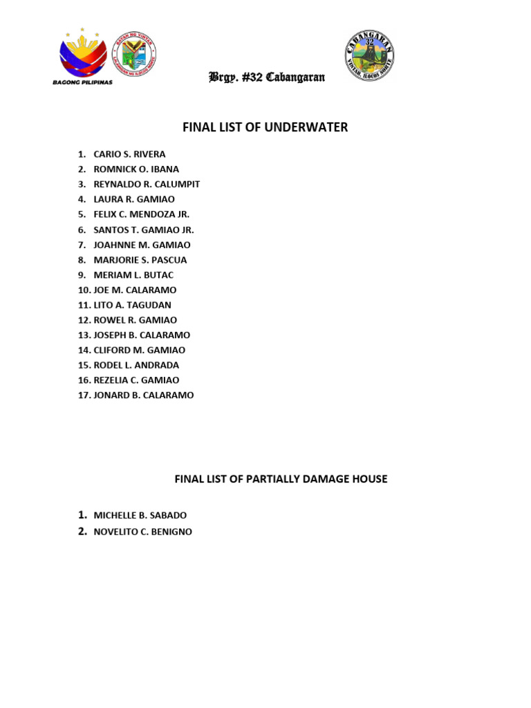 Final List of Underwater Partially Damage of Cabangaran | PDF | Travel