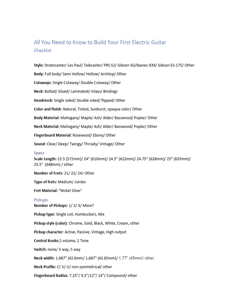 Build Your First Electric Guitar Checklist | PDF