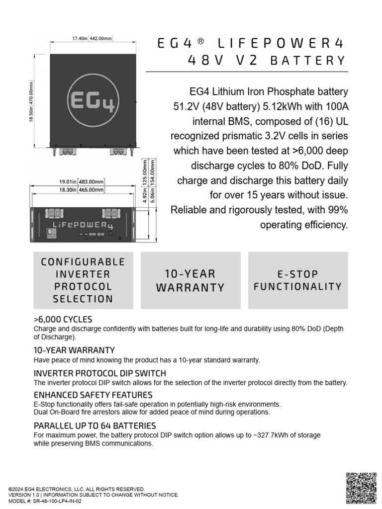 EG4 LifePower4 48V V2 Spec Sheet v1.0 | PDF | Power Inverter | Electricity