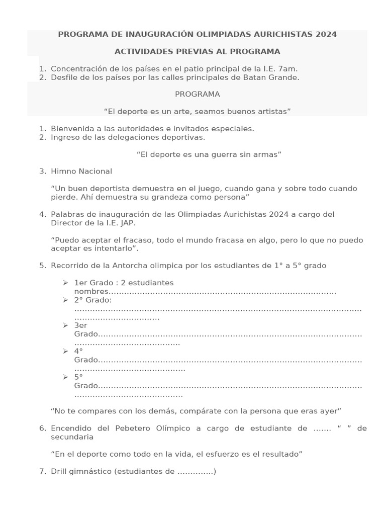 Programa de Inauguración Olimpiadas Aurichistas 2024 | PDF | Asociación Internacional de ...