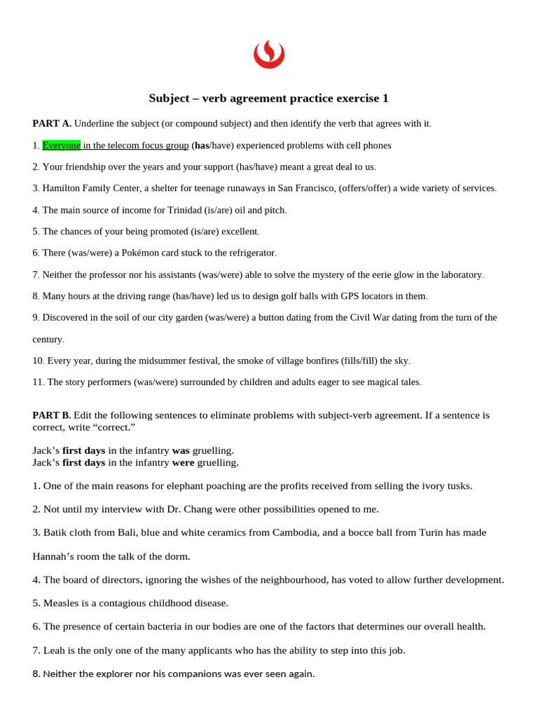 Subject-Verb Agreement Practice Exercise | PDF