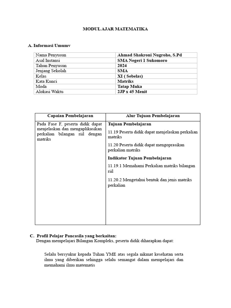 Modul Ajar Matematika Matriks 2024 | PDF