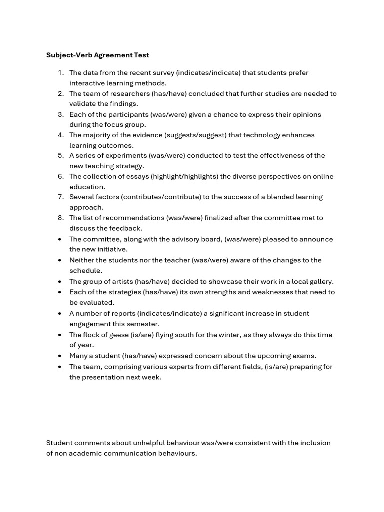 Subject-Verb Agreement Practice Test | PDF | Focus Group | Learning