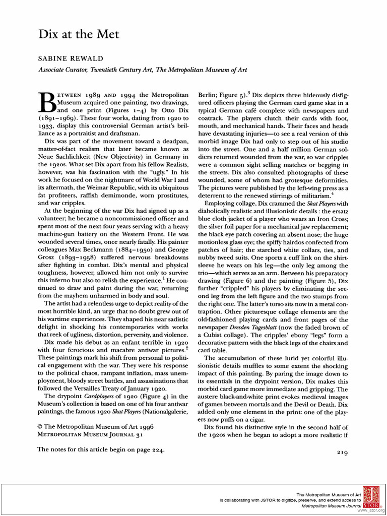 Dix at The Met The Metropolitan Museum Journal V 31 1996 | PDF ...