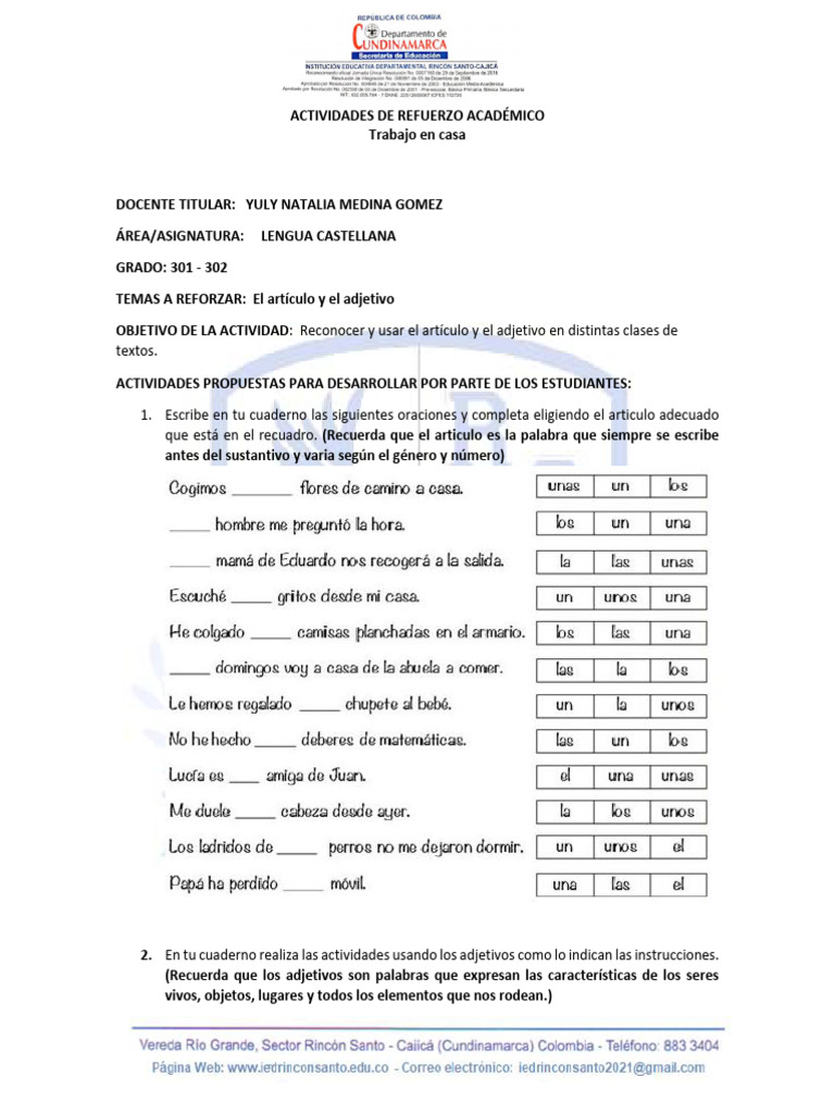 Refuerzo de Artículos y Adjetivos | PDF | Adjetivo | Lingüística