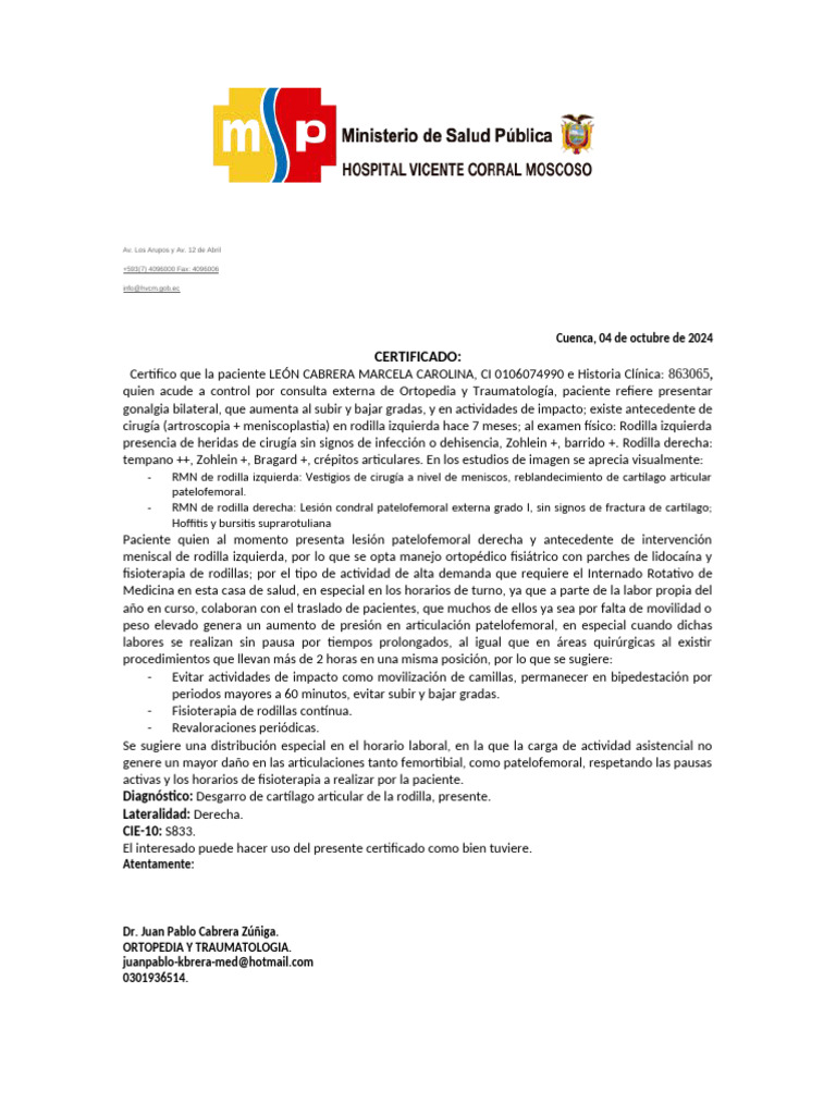 Certificado Medico Dr. Cabrera Marce | PDF | Rodilla | Traumatologia