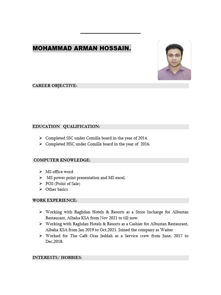 Mohammad Arman Hossain.: Curriculum Vitae | PDF