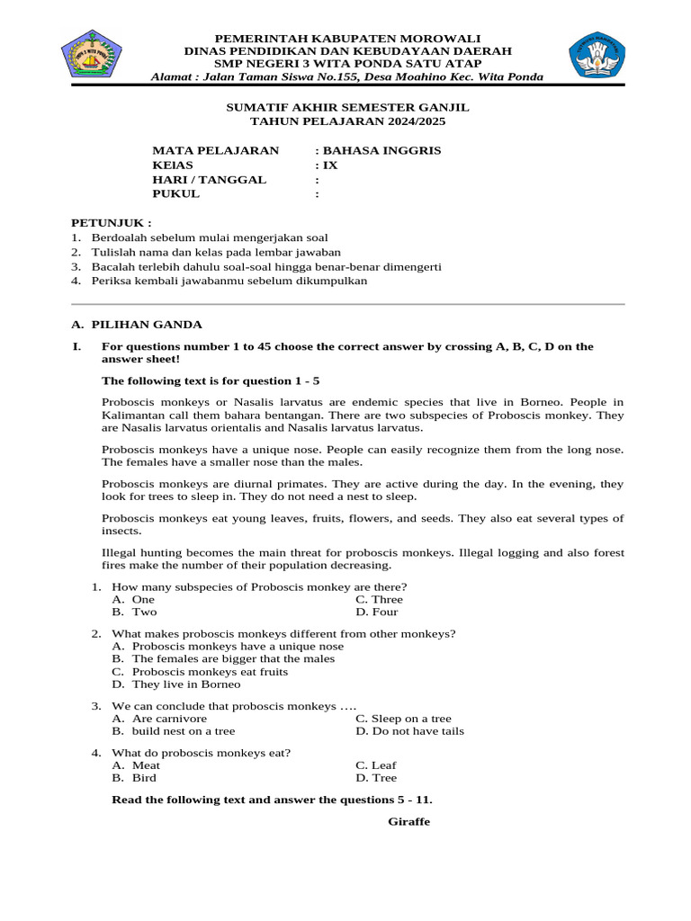 Soal Sumatif Semester Ganjil Kelas IX | PDF | Giraffe | Zoology