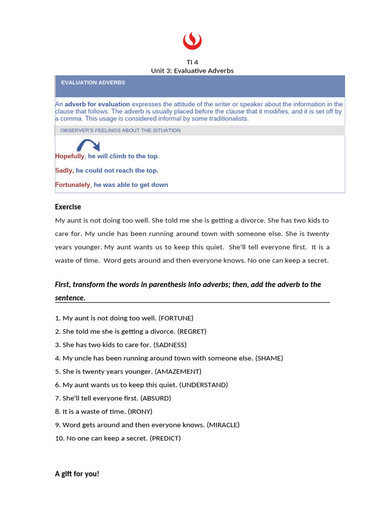 Evaluative Adverbs and Exercises | PDF