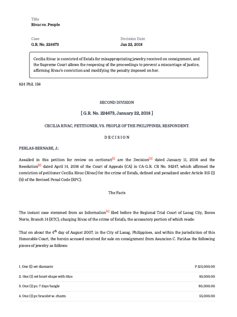 G.R. No. 224673 - Rivac vs. People | PDF | Witness | Judgment (Law)