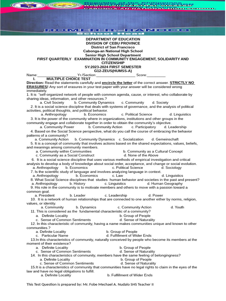 MASTERY TEST Examination CESC 2024-2025 | PDF | Social Sciences | Community