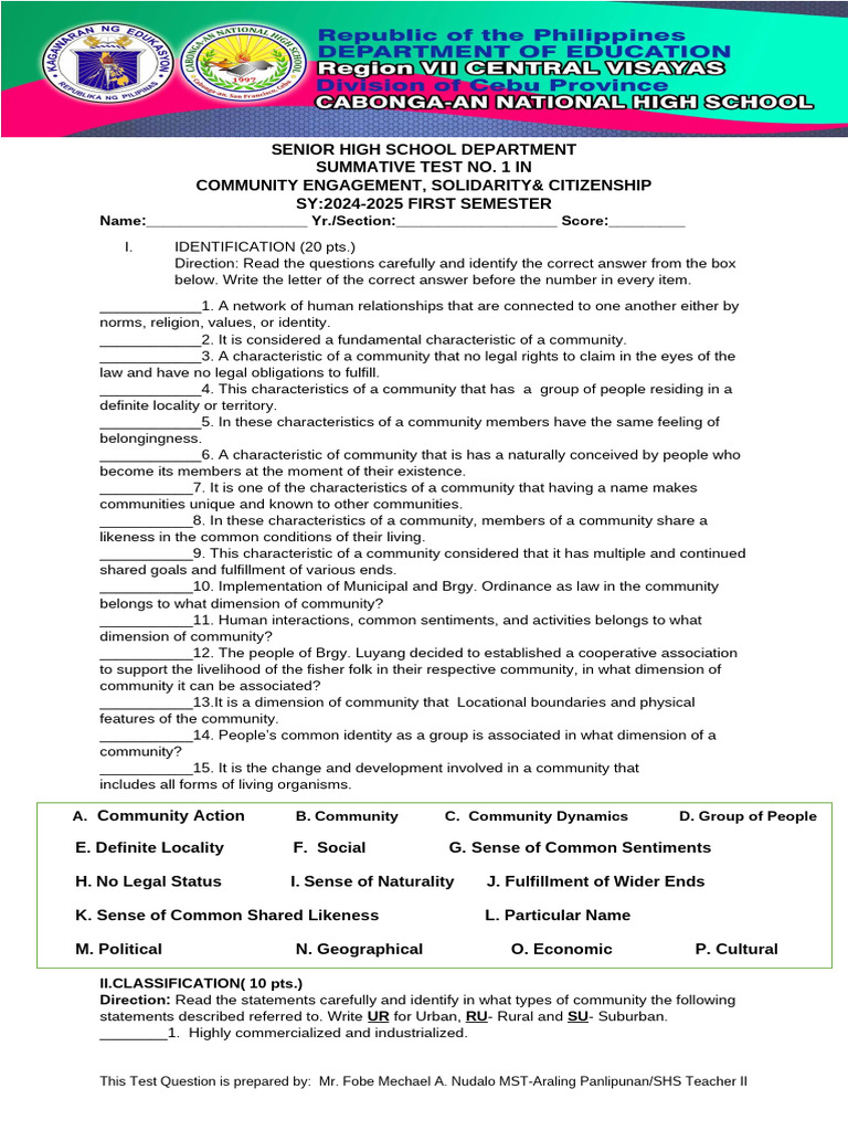 CESC Summative Test No.2 | PDF | Community | Youth