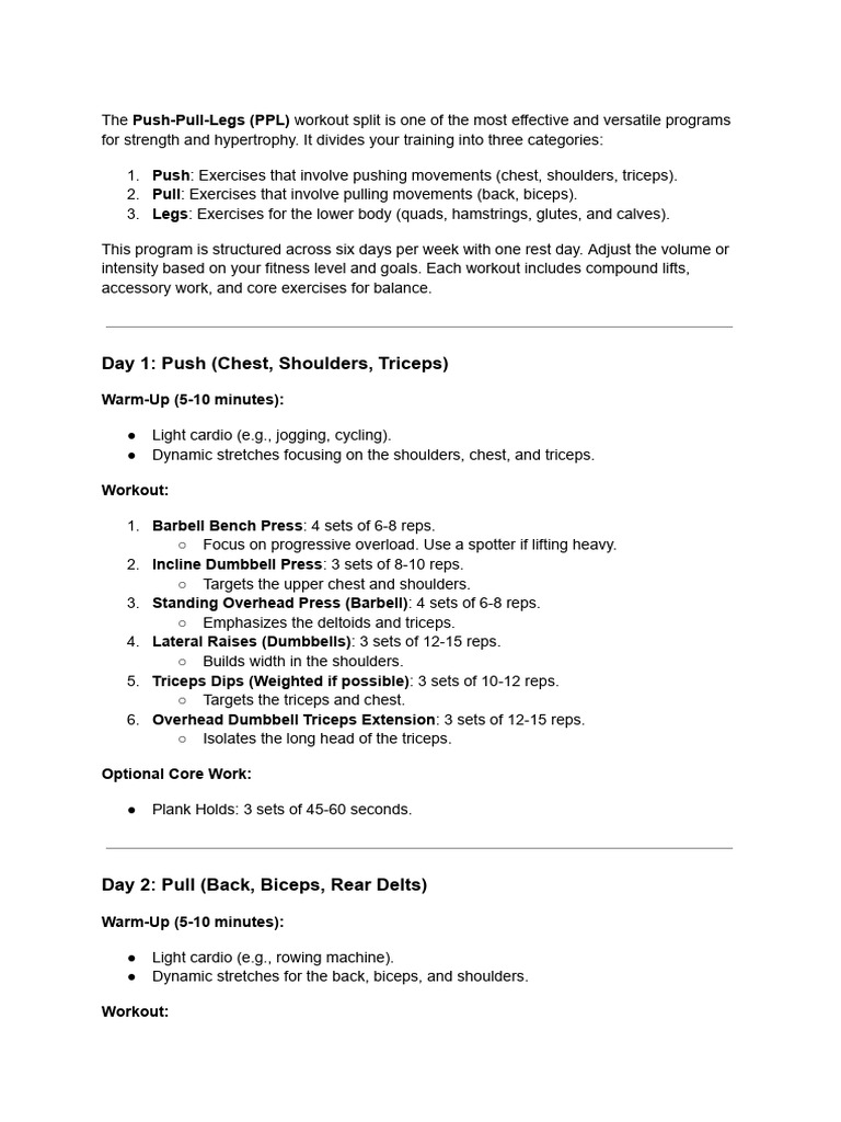 Push-Pull-Legs (PPL) Workout Program | PDF | Weight Training | Physical ...